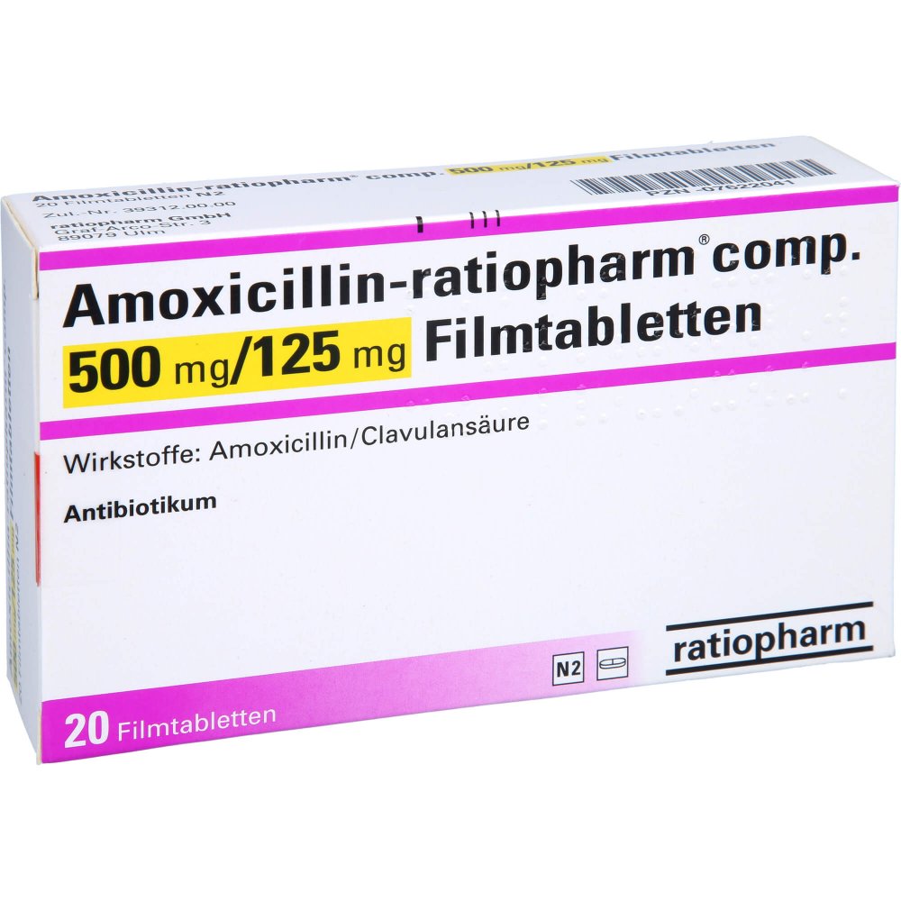 Amoxicillin-ratiopharm compositus 500mg/125mg 20 stk